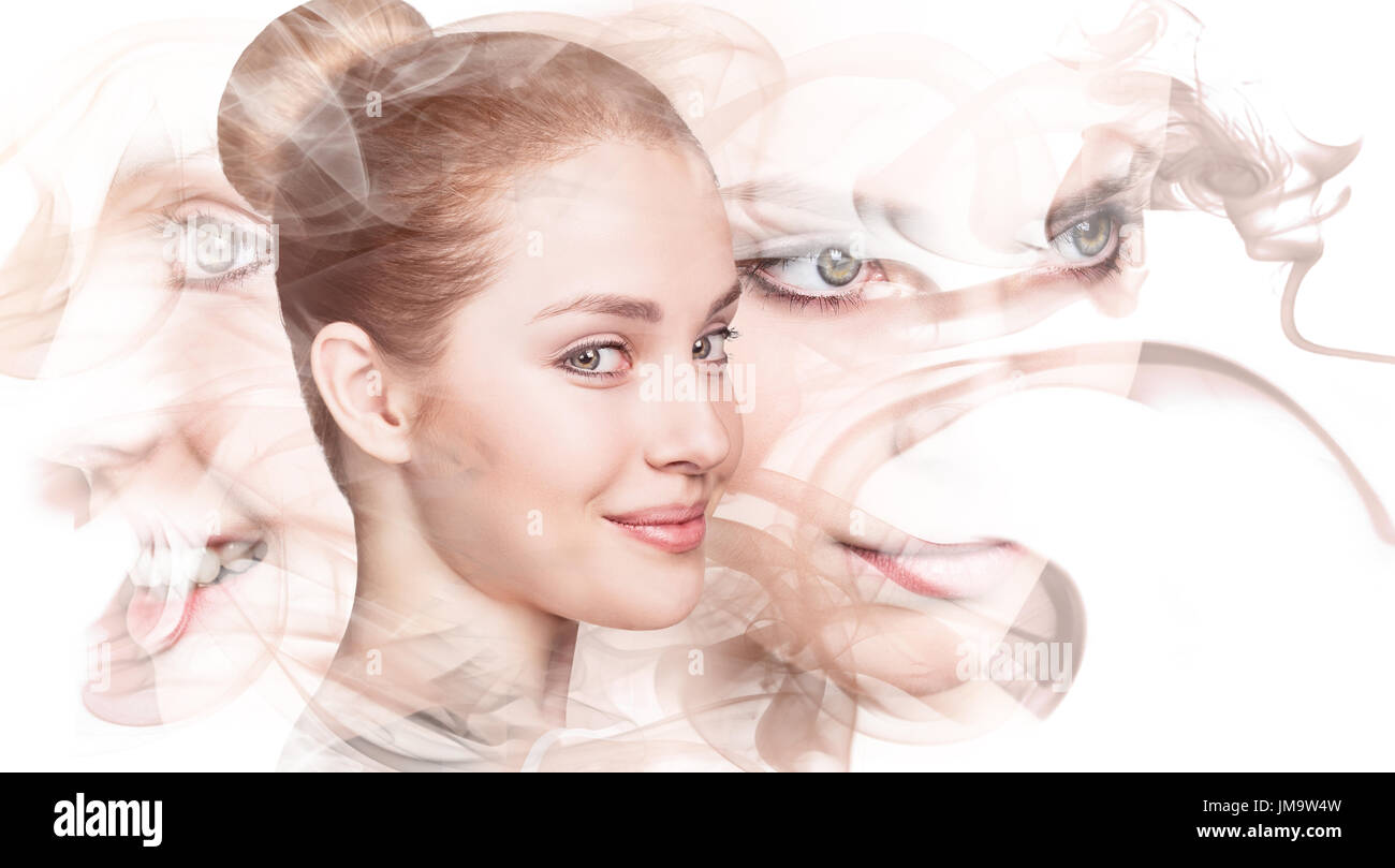 Double exposure portrait of sensual woman face and smoke silhouette ...