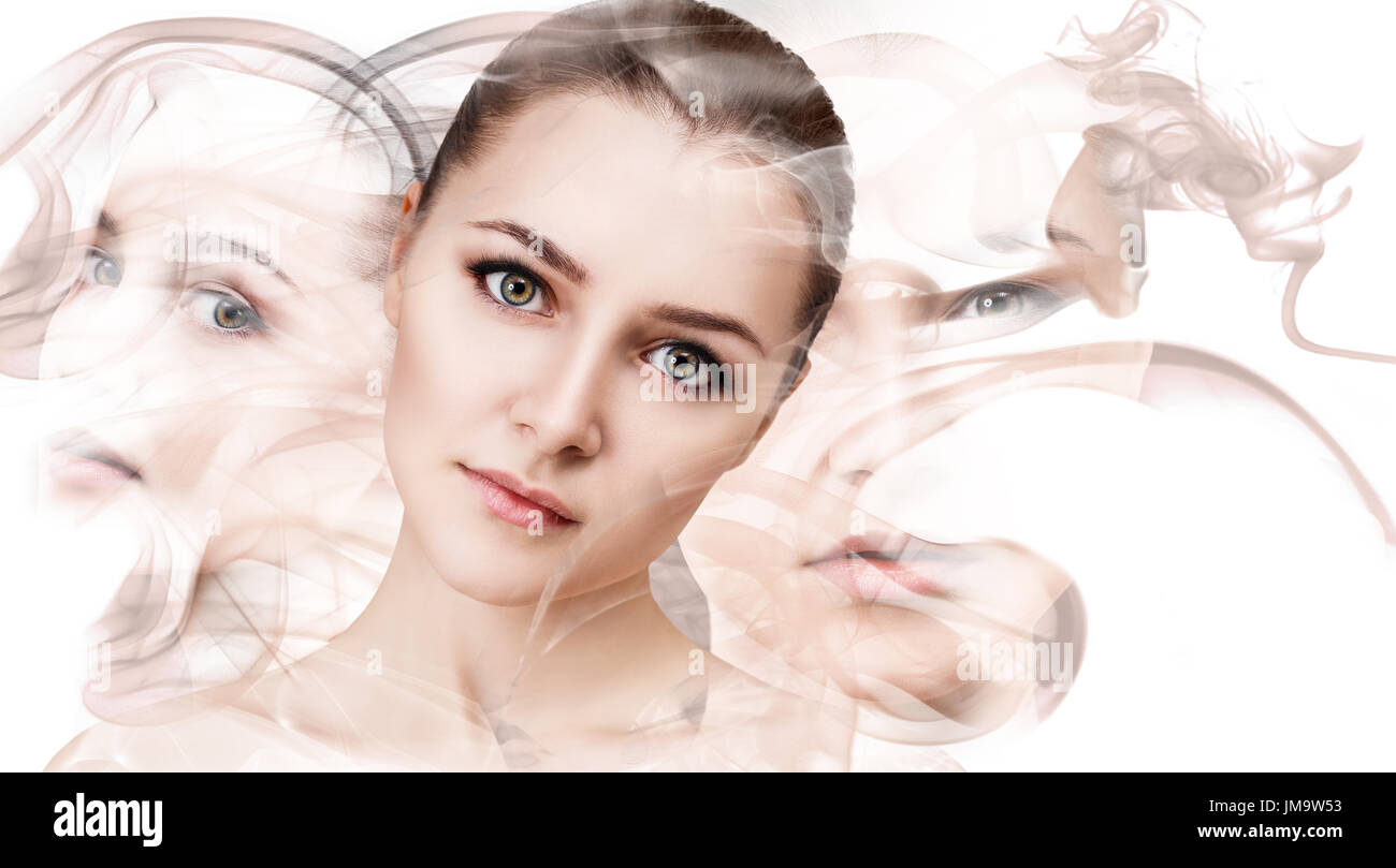 Double exposure portrait of sensual woman face and smoke silhouette ...