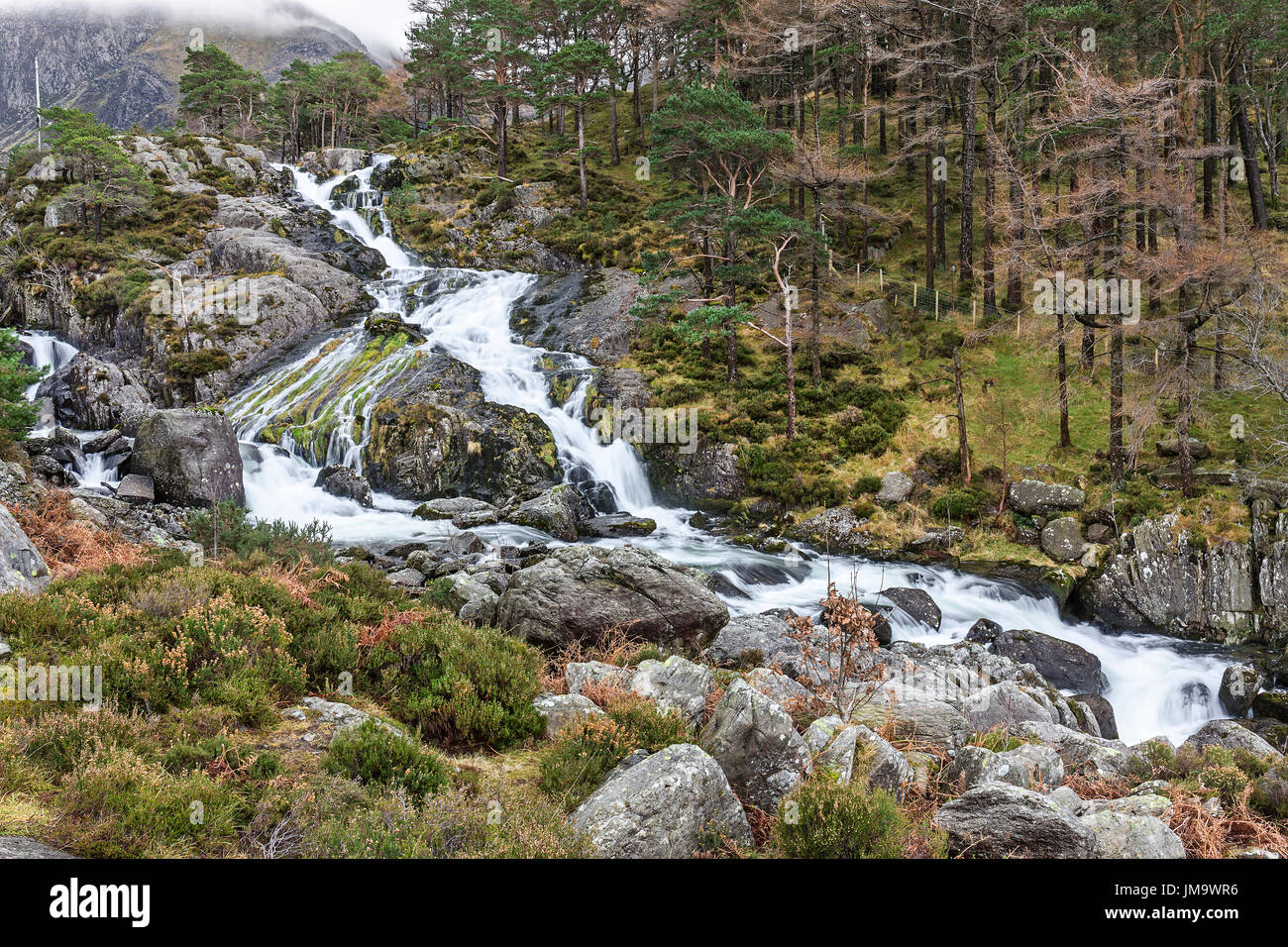 Ogwen Falls at the head of Nant Francon Valley near Idwal Snowdonia ...