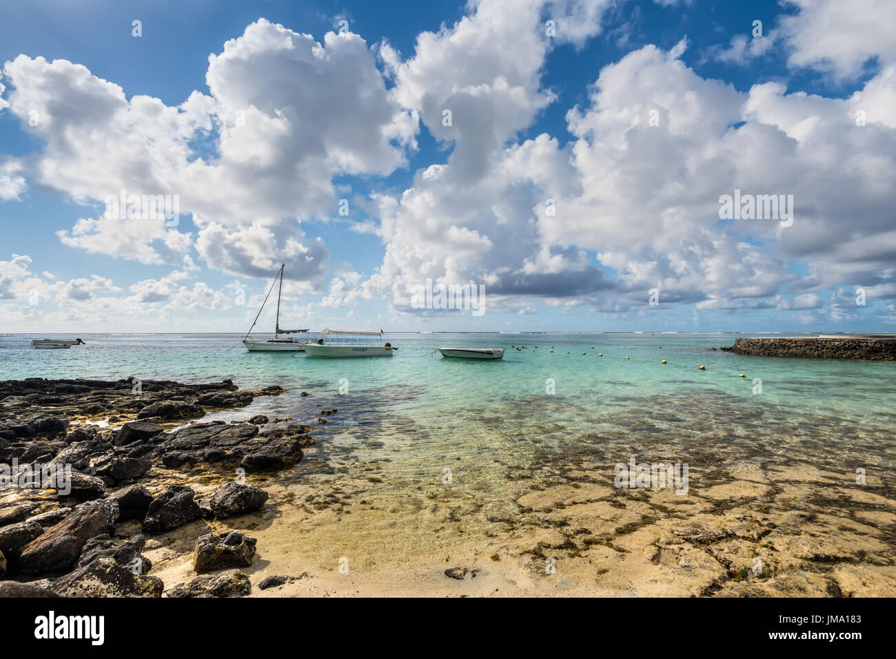 Blue Bay, Mauritius - December 28, 2015: Boats moored at the Blue Bay ...