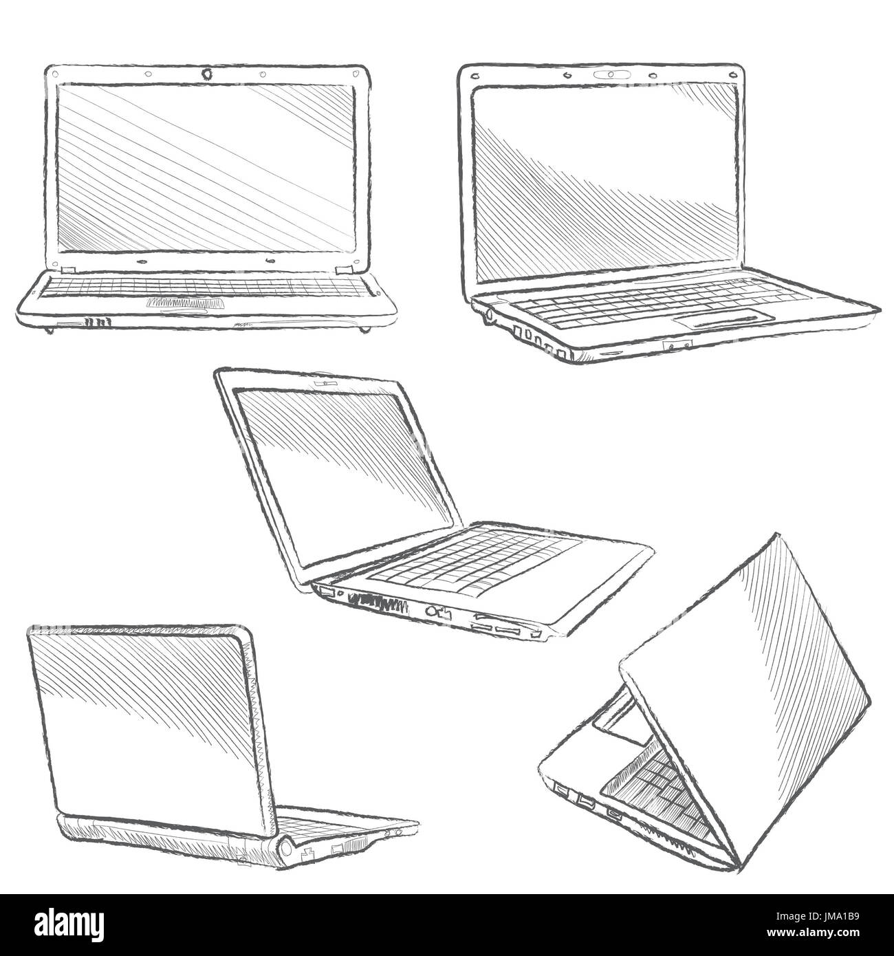Laptop set. Computer hand drawn sketch doodle engraved illustration ...