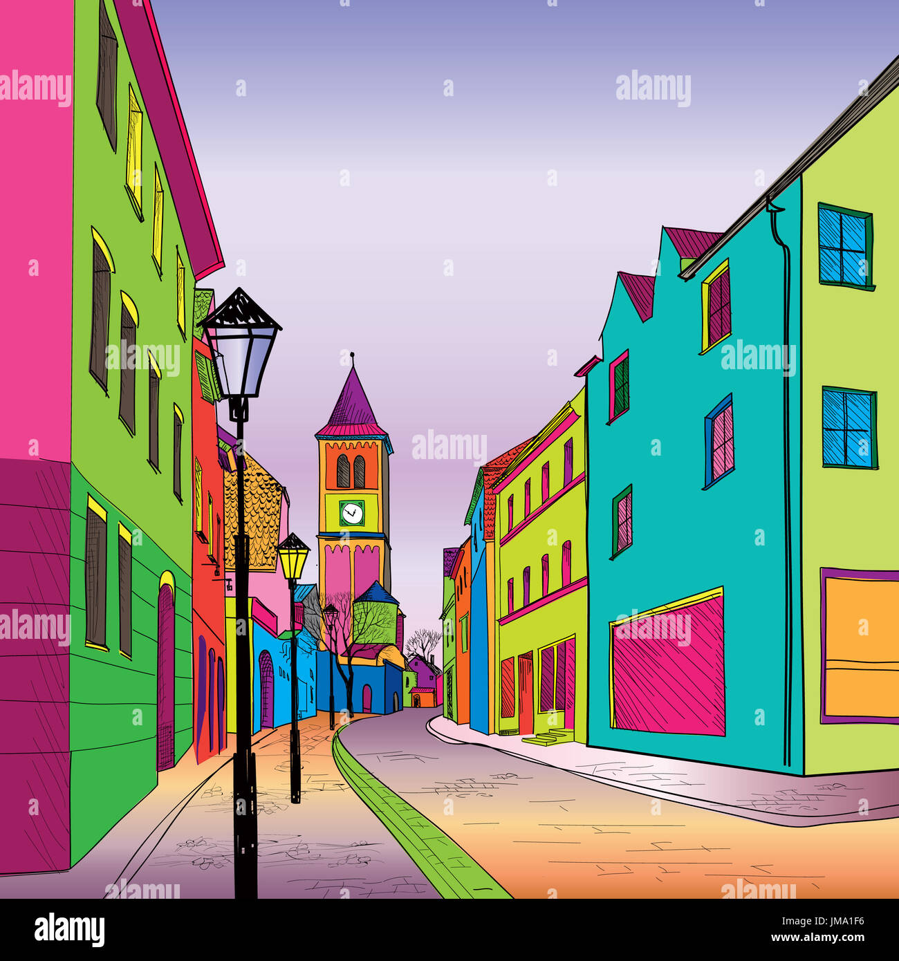 Funky journey. Pedestrian street in European city. Colorful panorama ... Funky journey. Pedestrian street in European city. Colorful panorama ...