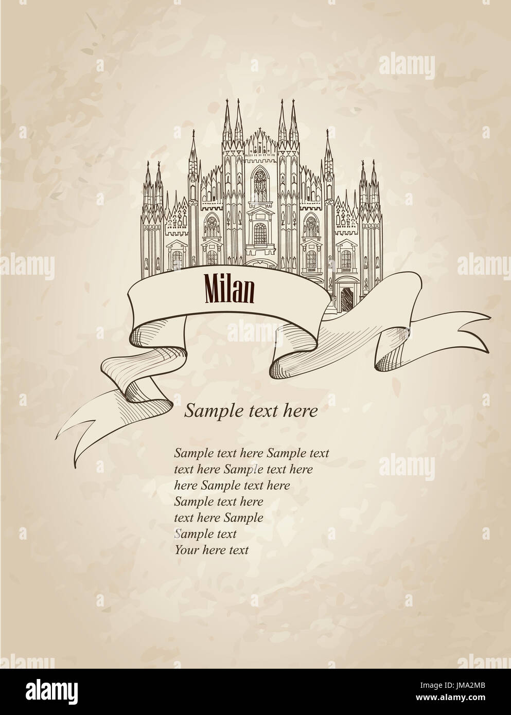 Milan citiy symbol Dome Cathedral. Italian landmark label over old ...