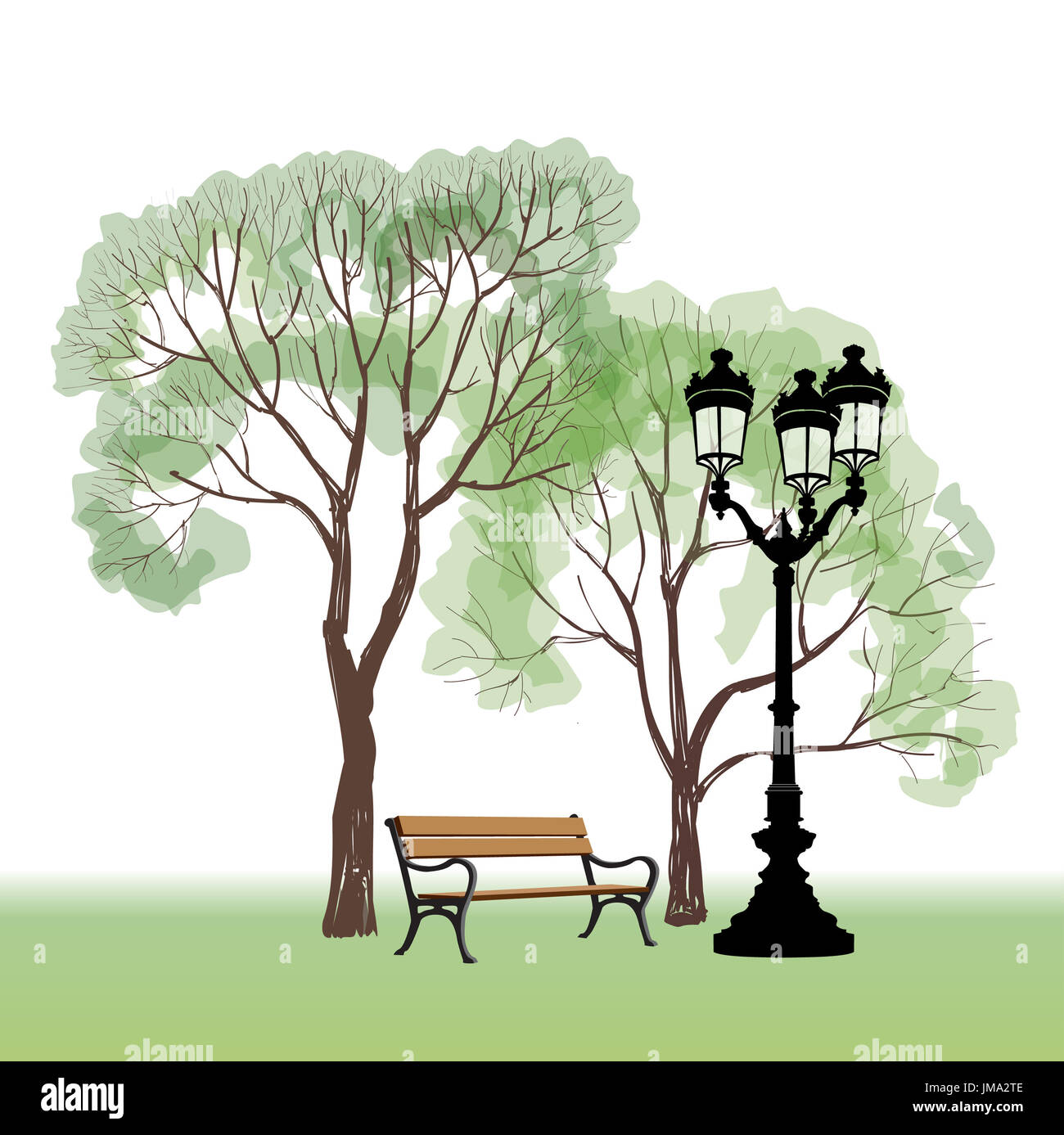 Bench in park with tree and streetlamp. City park landscape. Vector ...
