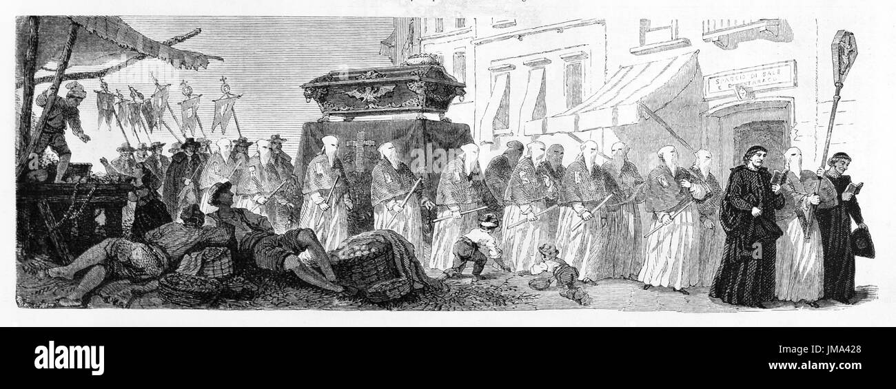 funeral procession with tunic people bringing coffin on top among Naple ...