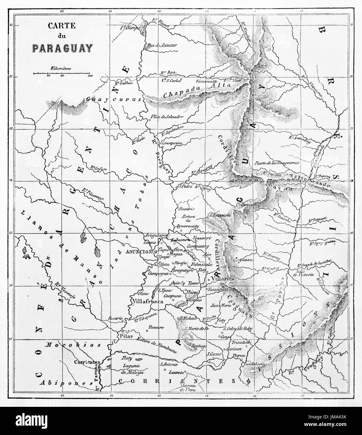 Old engraved map of Paraguay. Ancient grey tone etching style art by ...