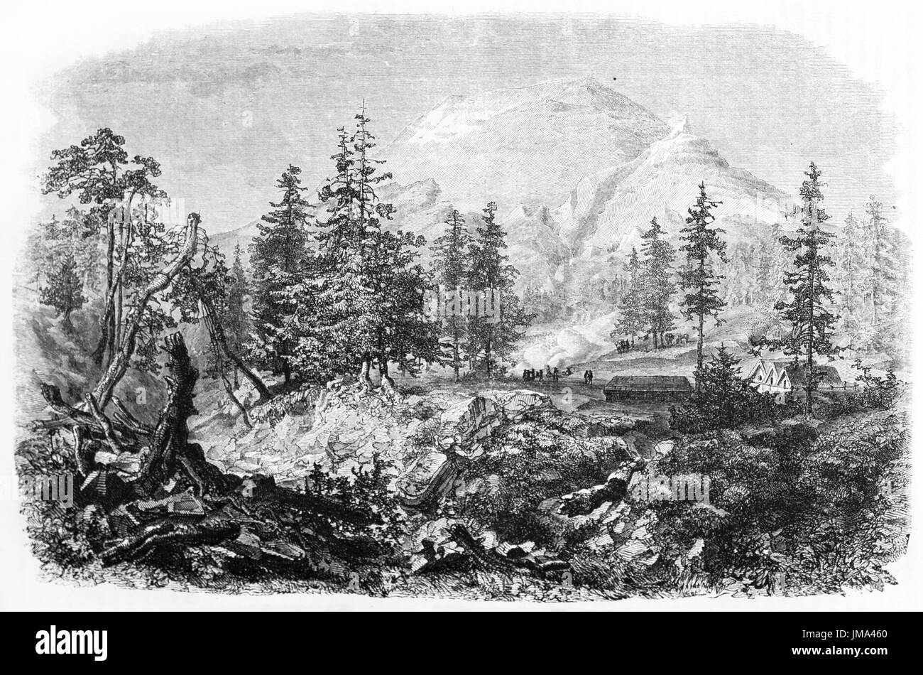 Popocatepétl volcano far in the distance in Tlamacas, Mexico, rocky ...