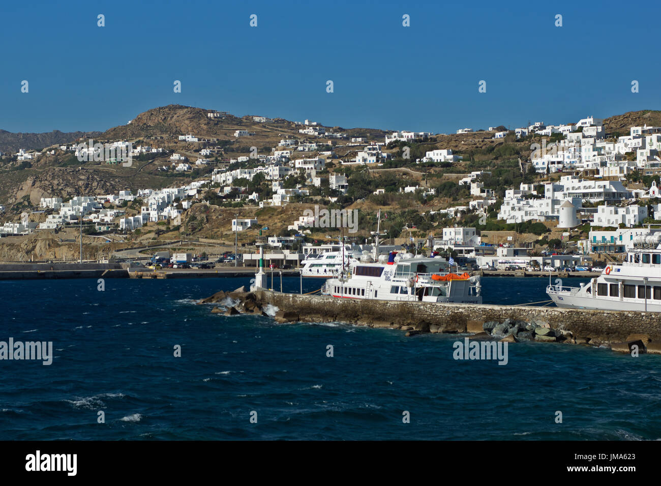 Port on the island of Mykonos, Cyclades Islands, Greece Stock Photo - Alamy