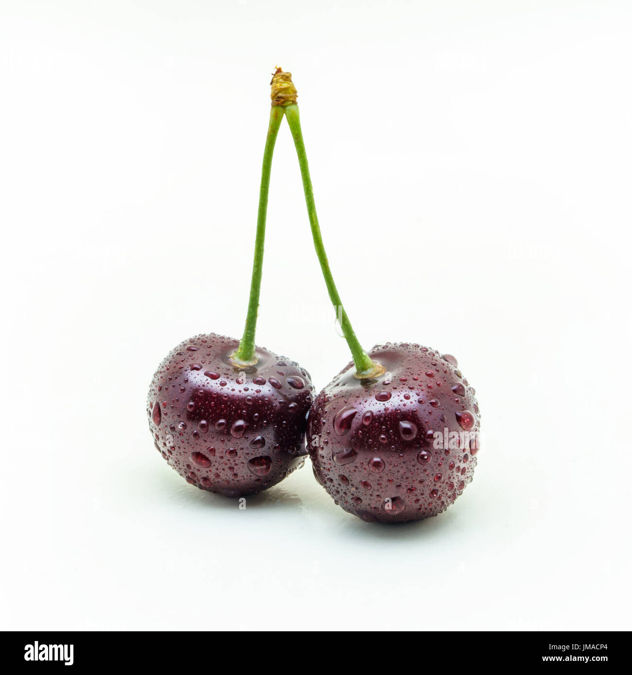 Two connected wet cherry berries isolated on white background Stock ...