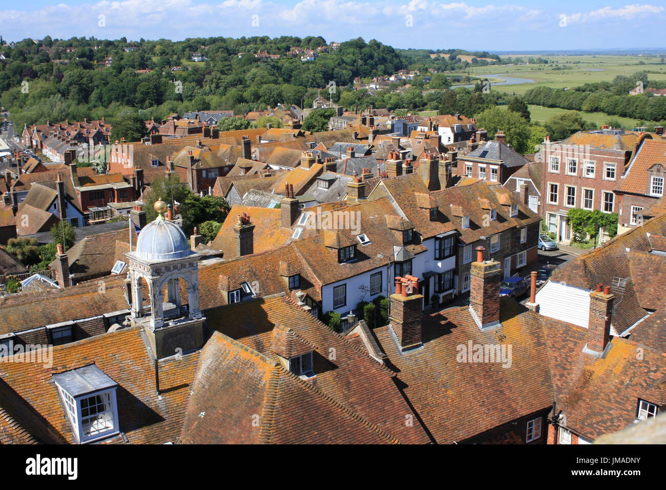A SUNNY LANDSCAPE AERIAL VIEW OF THE HISTORIC TOWN OF RYE IN EAST ...