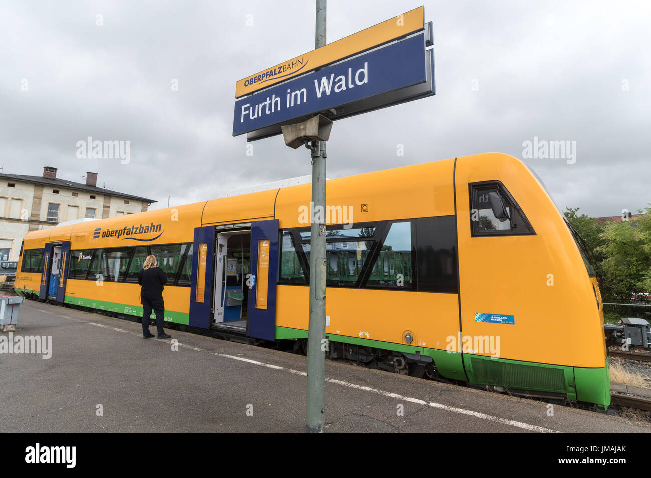 A passanger train stands at the train station in Furth im Wald, Germany ...