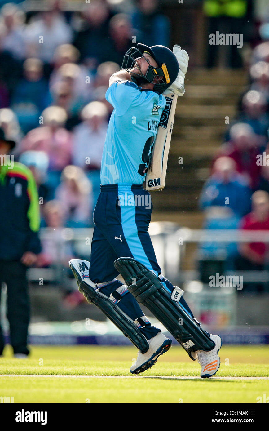 Leeds, UK. 26th July, 2017. Adam Lyth (Yorkshire Vikings) hits the ball ...