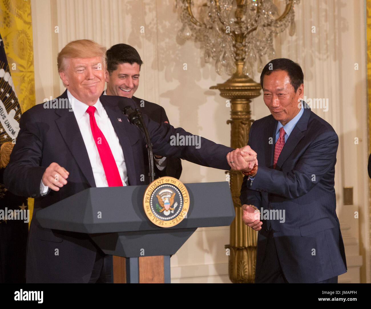 United States President Donald J. Trump and Foxconn CEO Terry Gou shake ...