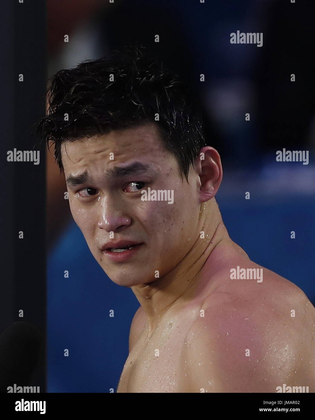 Budapest. 26th July, 2017. Sun Yang of China reacts after the men's ...