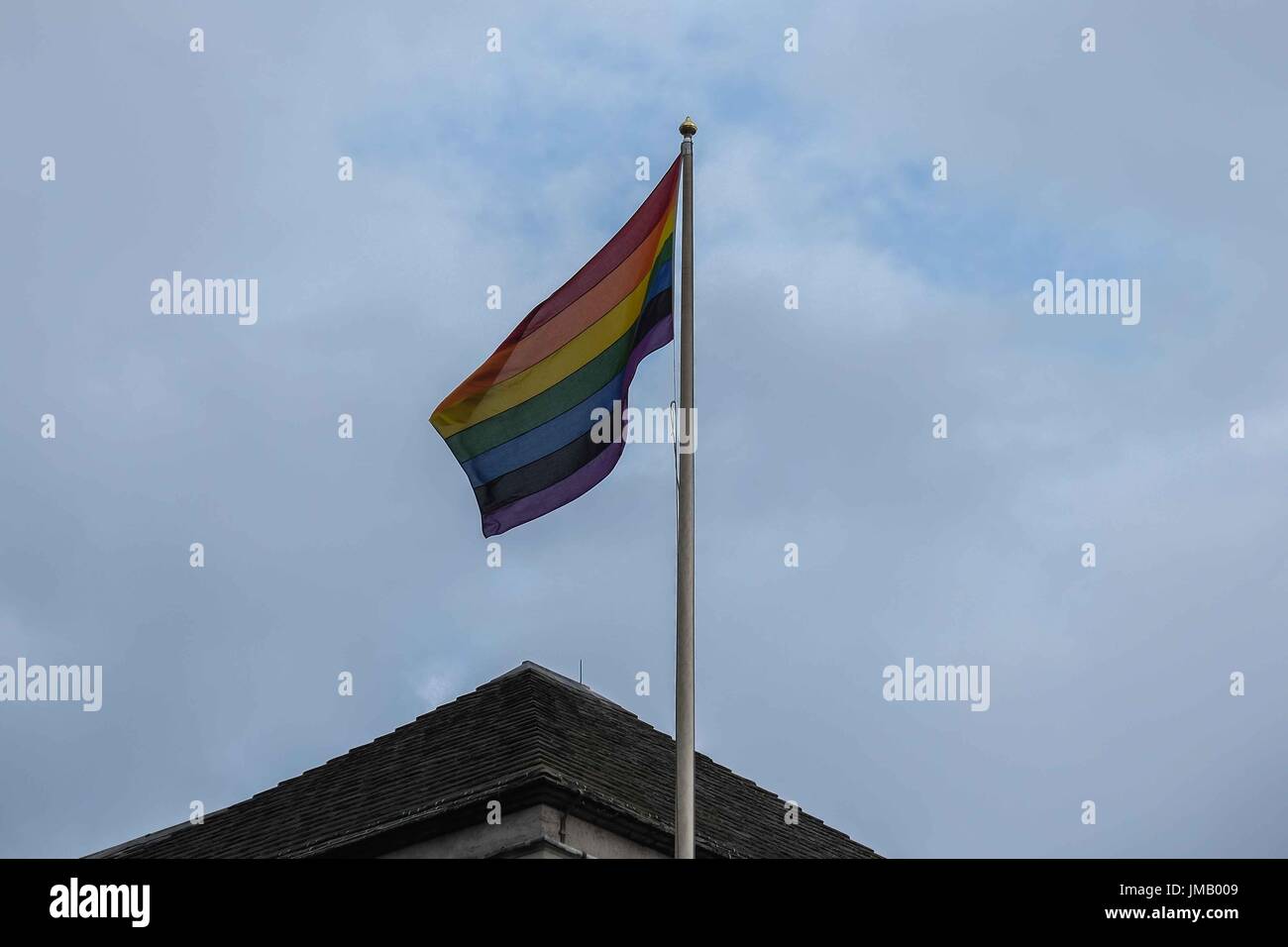 London, UK. 27th July, 2017. Camden Town Hall flies the Pride Flag on ...