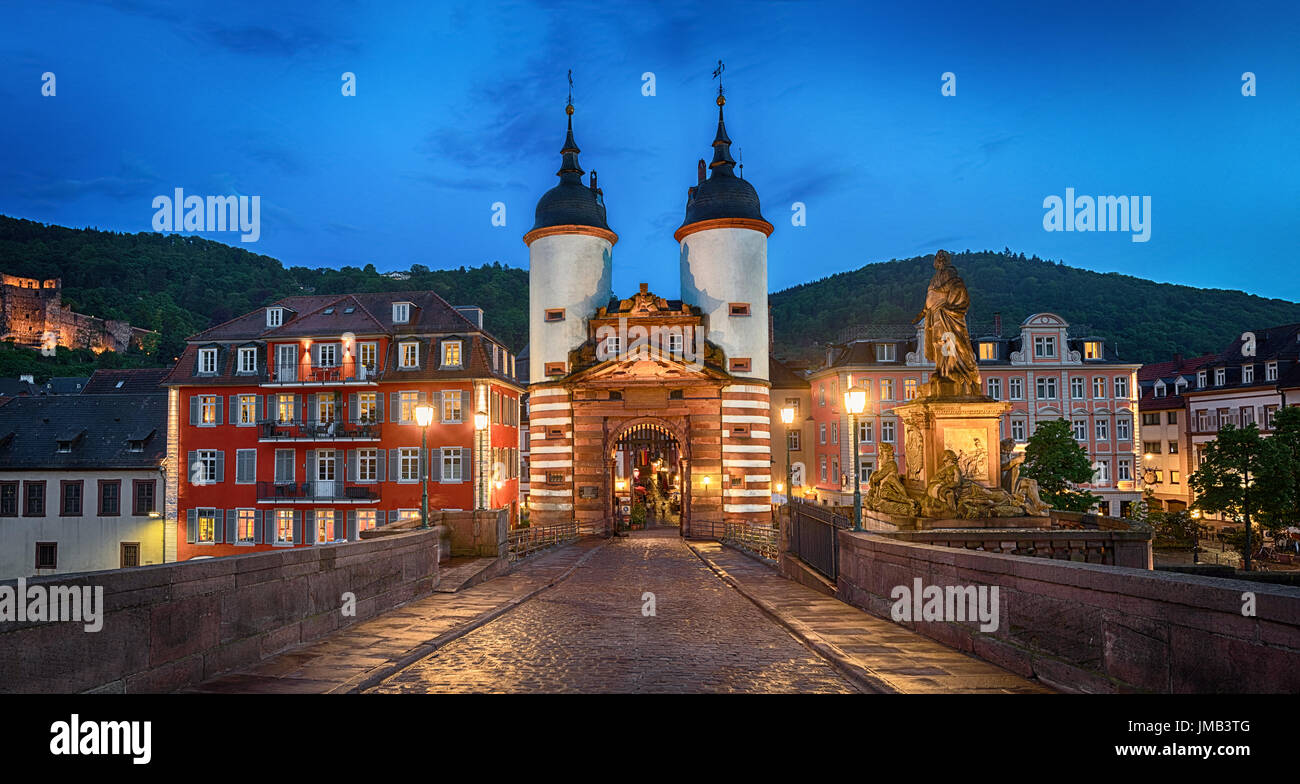 Illuminated Old Bridge Gate on Karl Theodor Bridge in Heidelberg, Baden ...