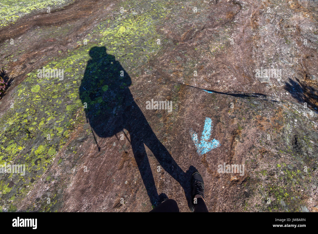 Human shadow walking in wrong direction, against blue arrow on rock ...