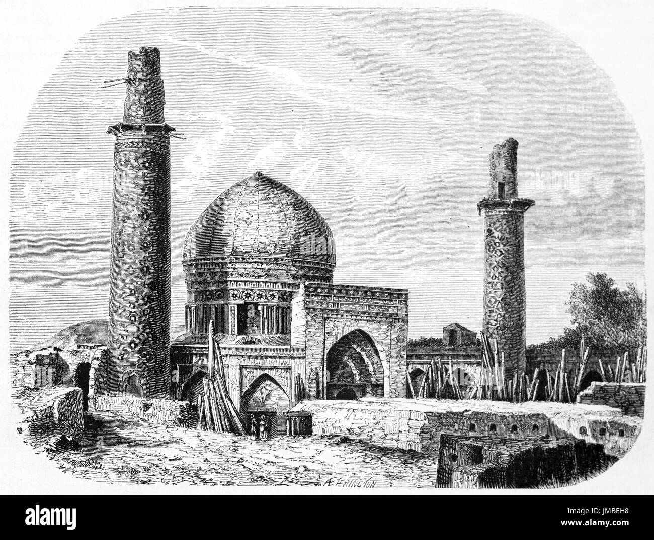 huge solid arabian building on warm background, Shah Mosque in Mashhad ...