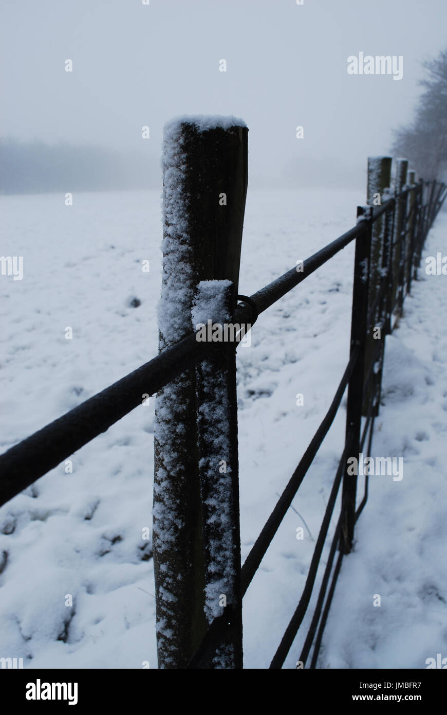 Snow covered path with metal fence by field Stock Photo - Alamy