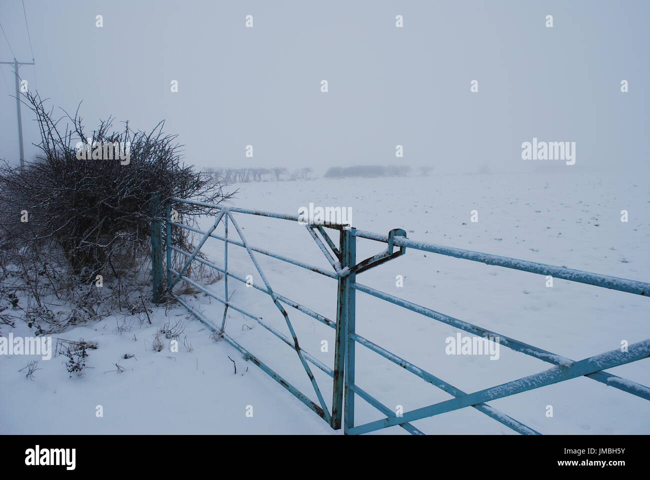 Snow covered field with blue metal gate Stock Photo - Alamy