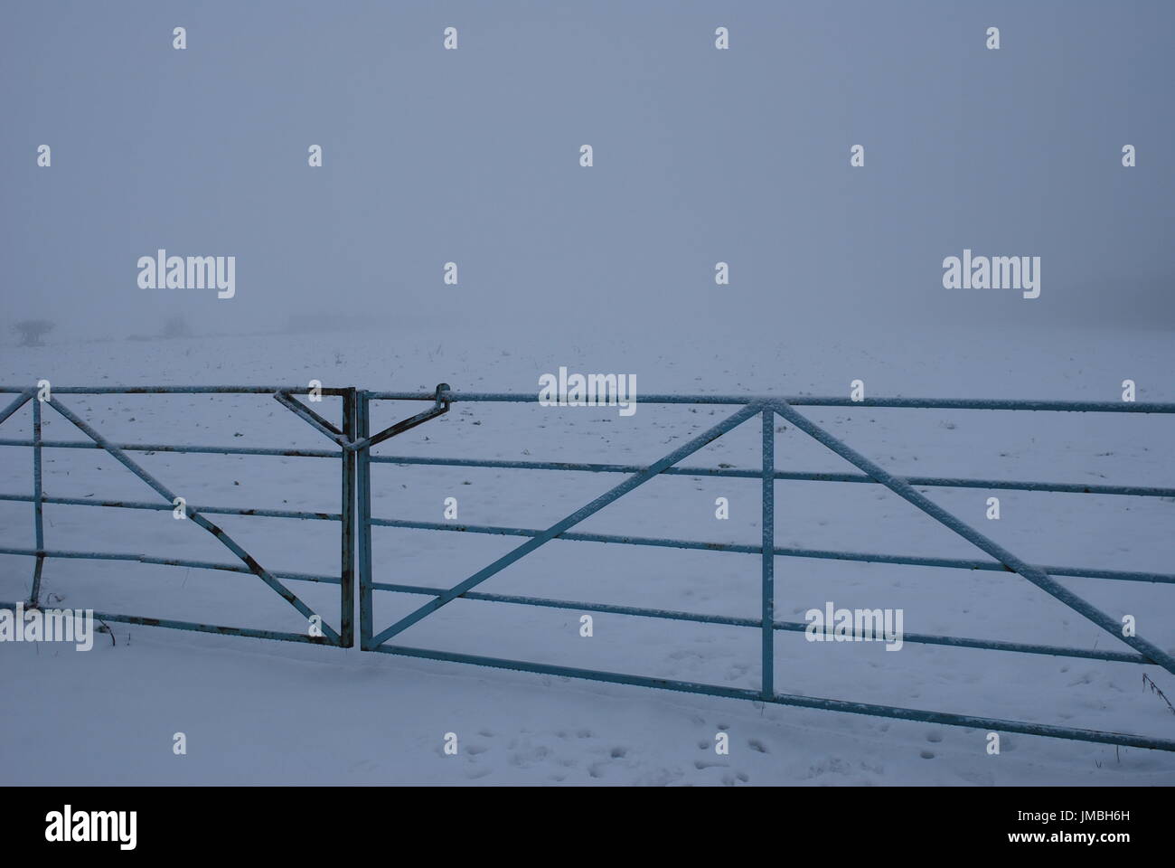 Snow covered field with blue metal gate Stock Photo - Alamy