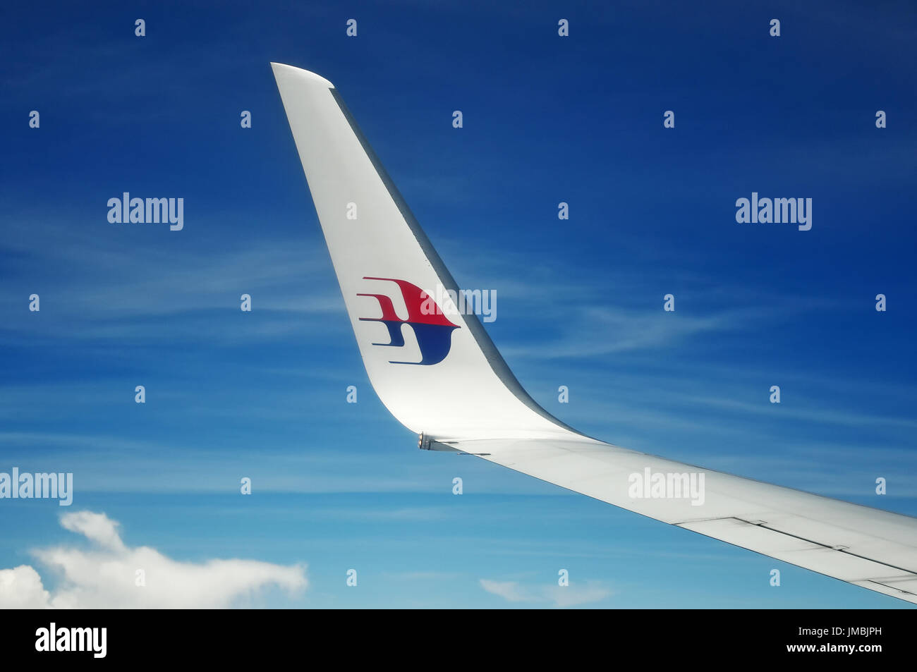 KUALA LUMPUR, MALAYSIA - MAY 09, 2015: Malaysia Airlines airplane wing ...