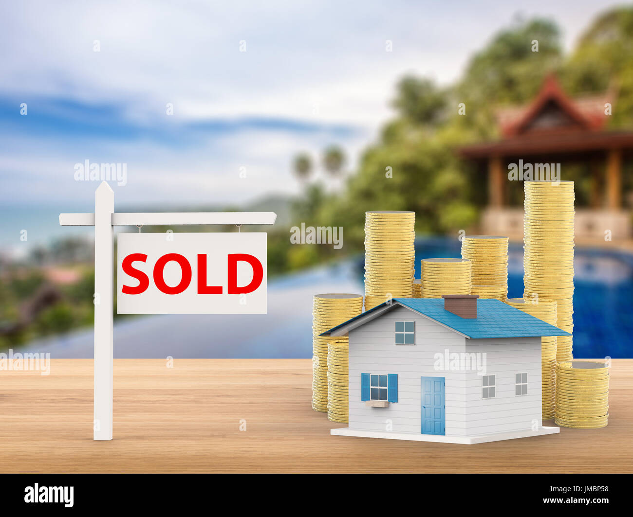 sold house sign with mock up house Stock Photo - Alamy