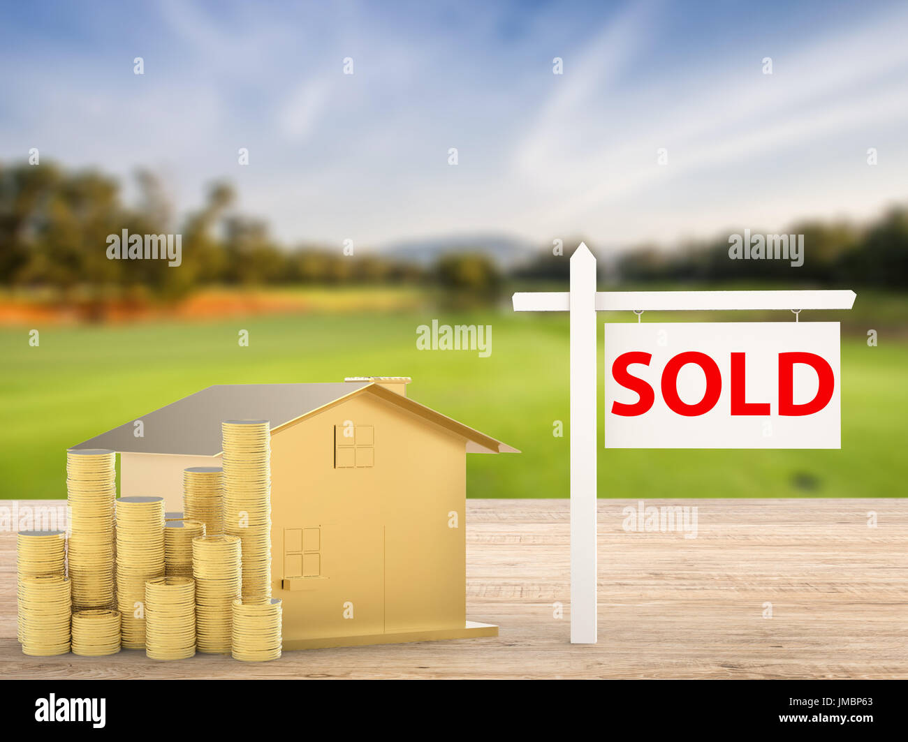 sold house sign with mock up house Stock Photo - Alamy