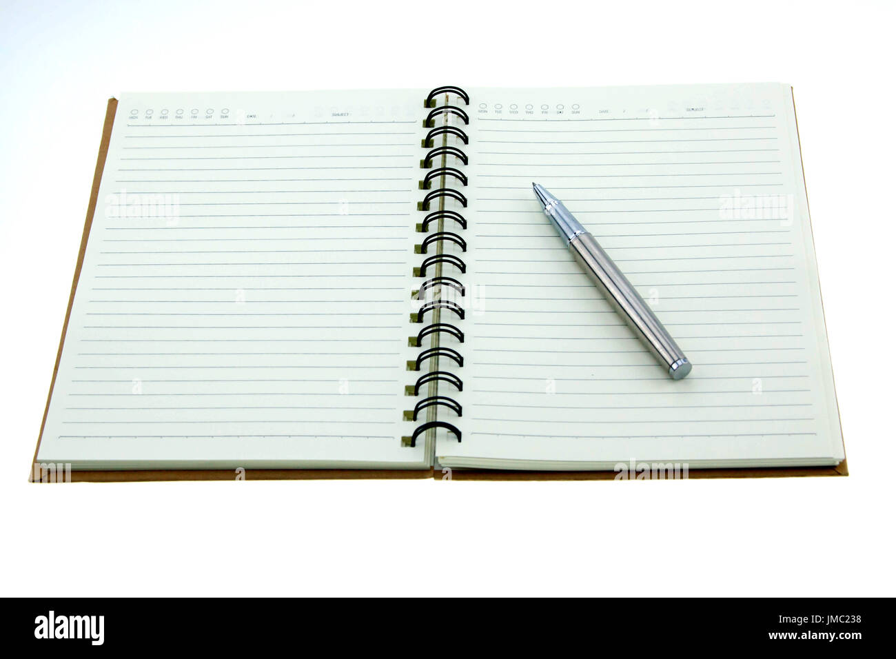 Open note book with empty pages with pen on white background Stock ...