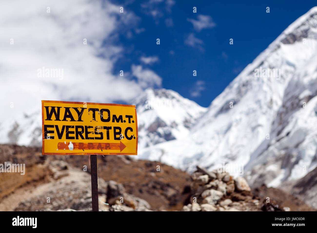 Travel to Mount Everest Base Camp signpost in Himalayas, Nepal. Khumbu ...