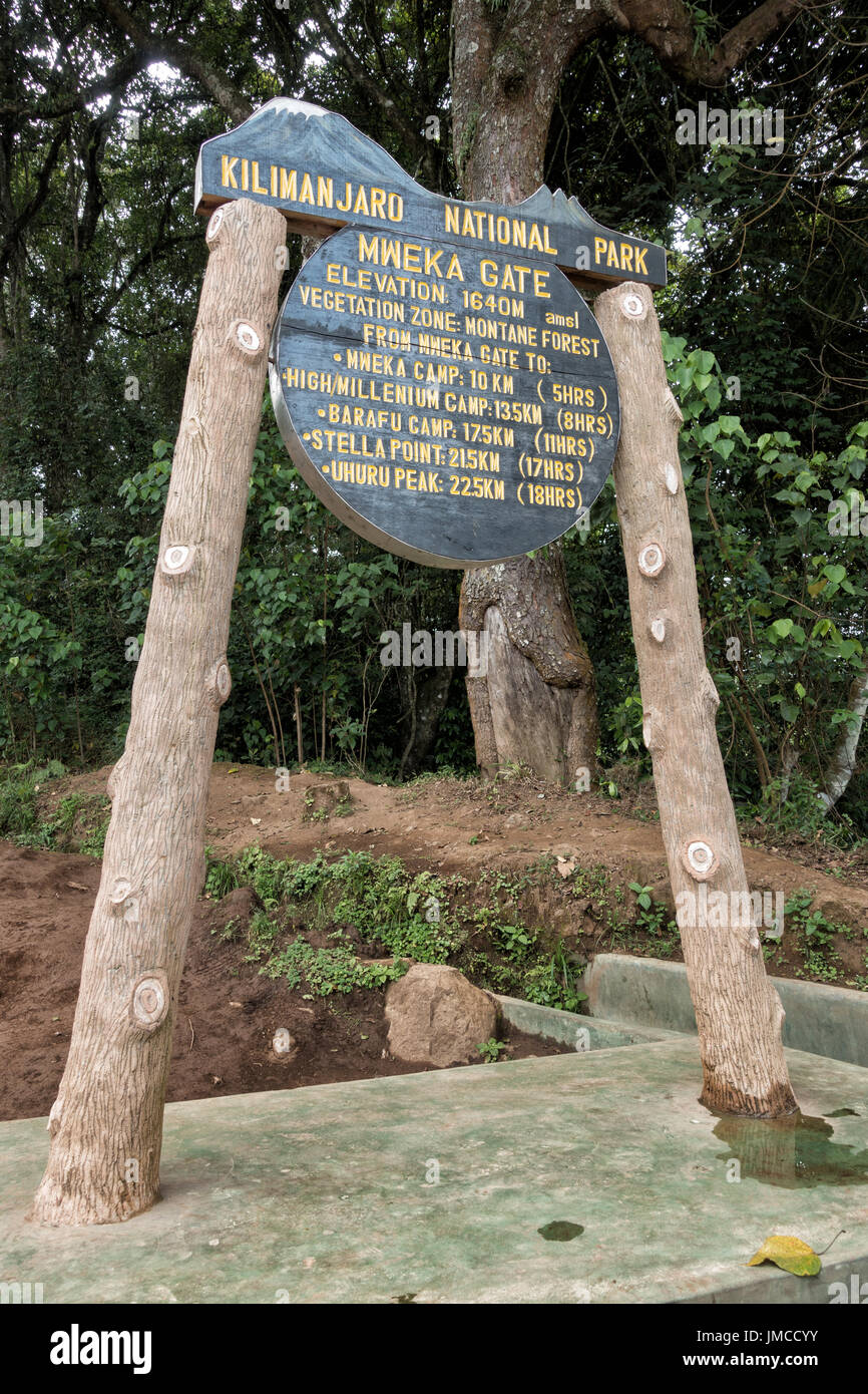 Distance sign at Mweka Gate, Mount Kilimanjaro National Park, Tanzania ...