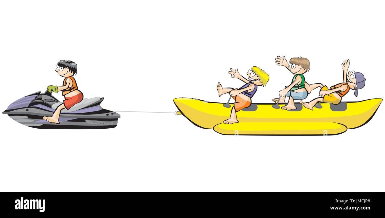 Banana boat group of friends having fun on summer vacation. Vectora ...
