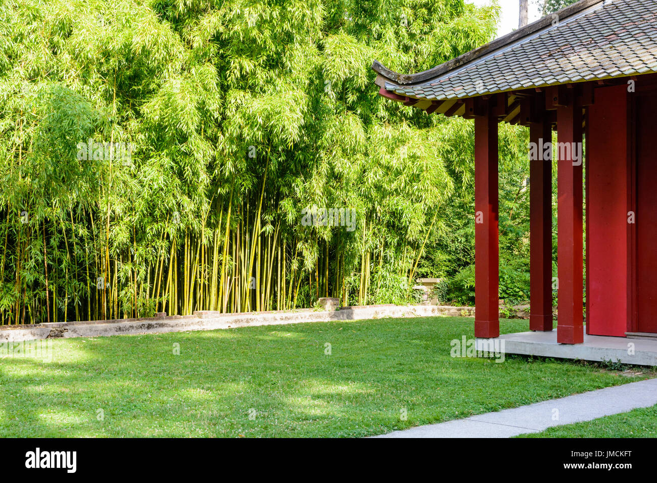 A red wooden buddhist temple with a bamboo grove in the background and ...
