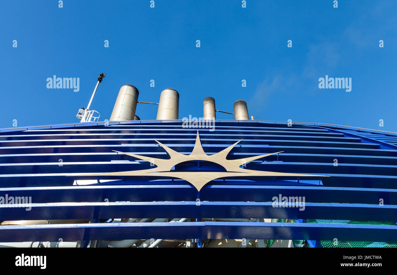 The funnel of a P&O cruise ship is pictured in the North Atlantic Ocean ...