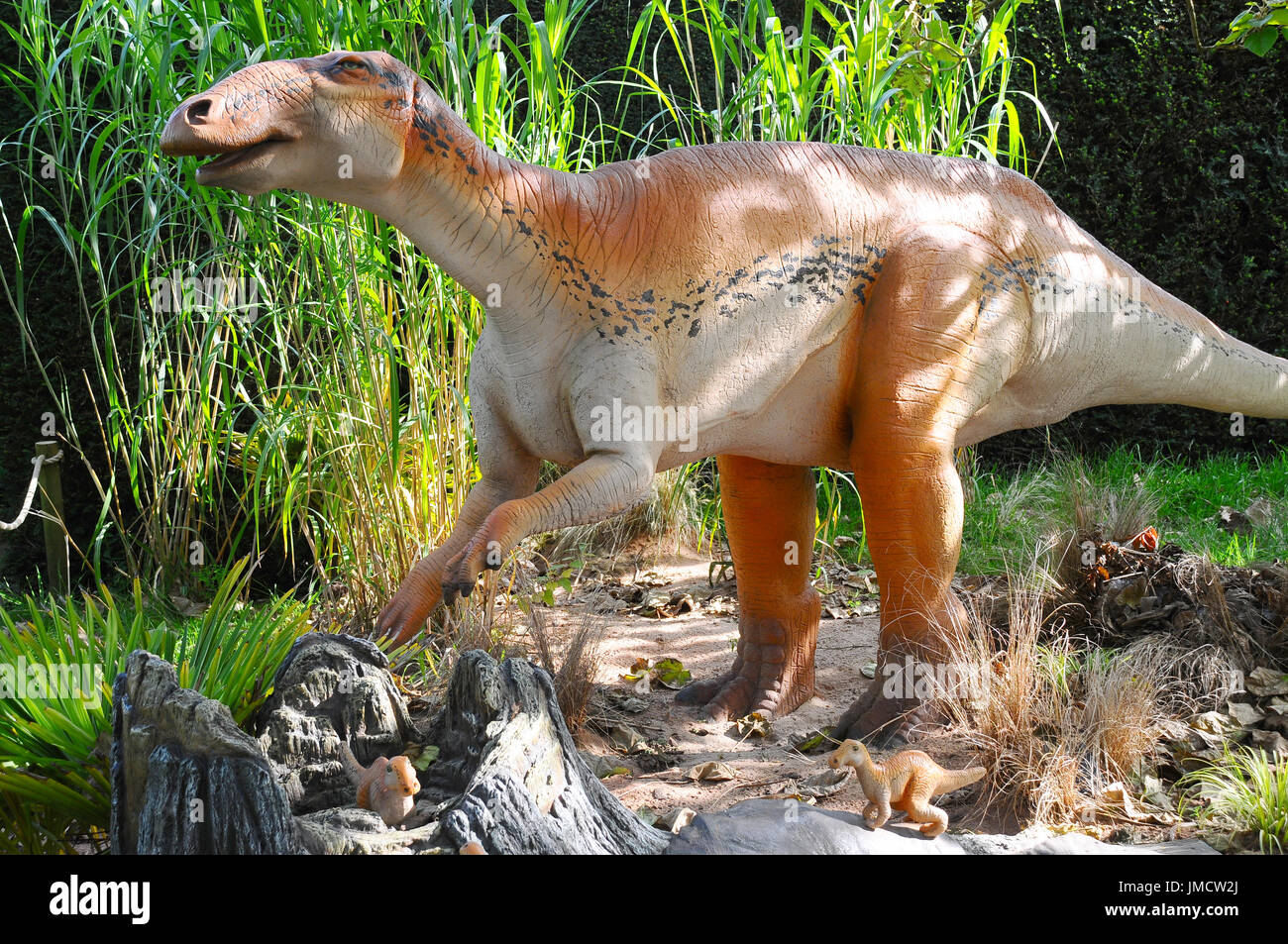 large model of an Edmontosaurus dinosaur with babys in nest site Stock ...