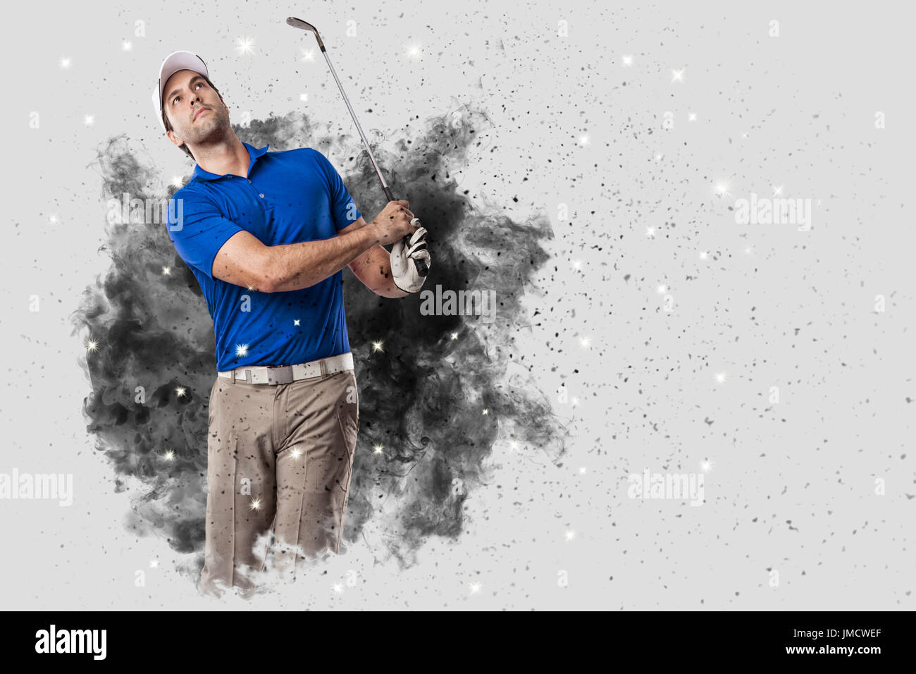 Golf Player with a blue uniform coming out of a blast of smoke Stock ...