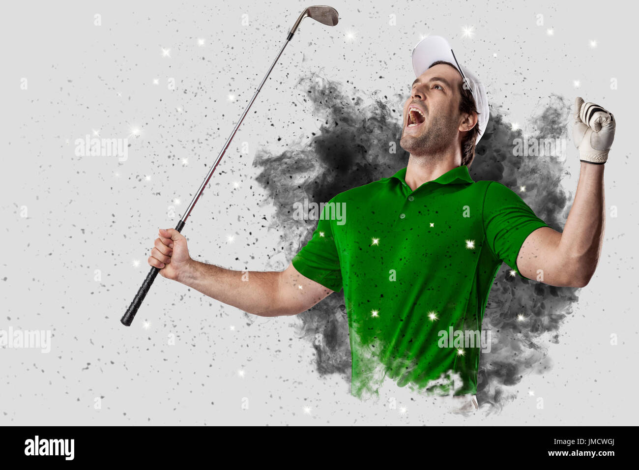 Golf Player with a green uniform coming out of a blast of smoke Stock ...