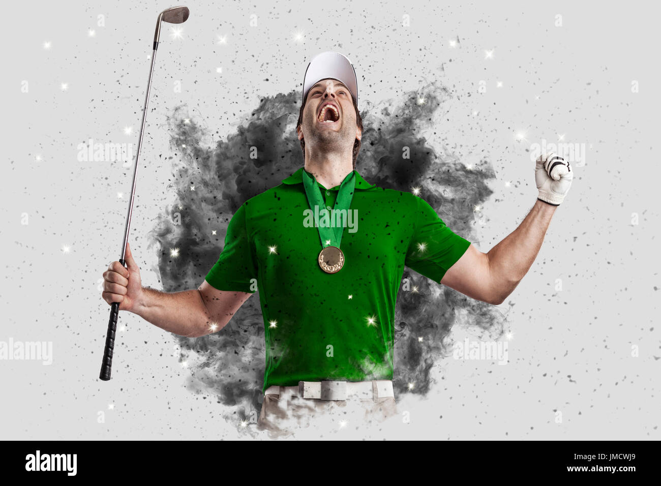 Golf Player with a green uniform coming out of a blast of smoke Stock ...