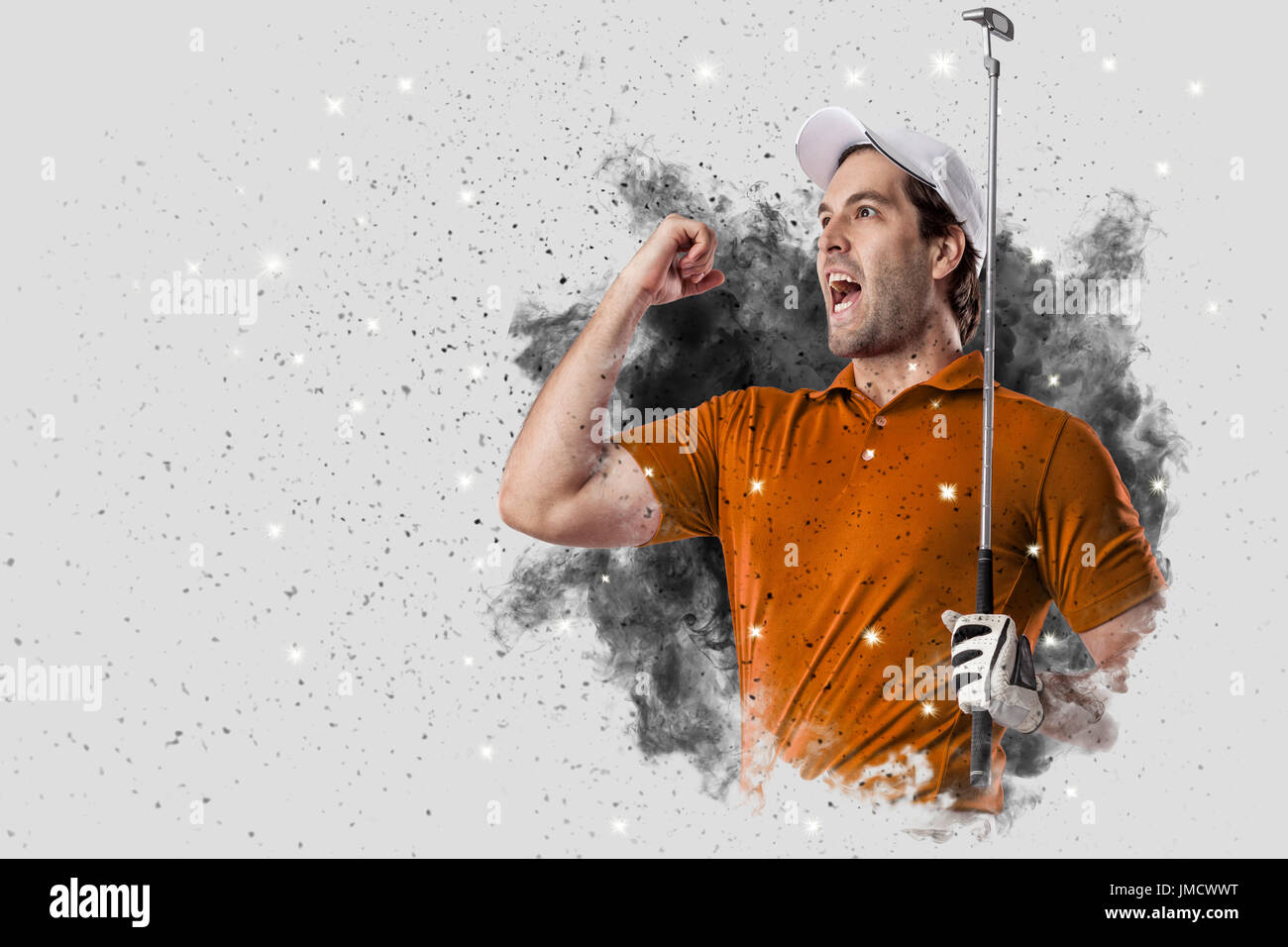 Golf Player with a orange uniform coming out of a blast of smoke Stock ...