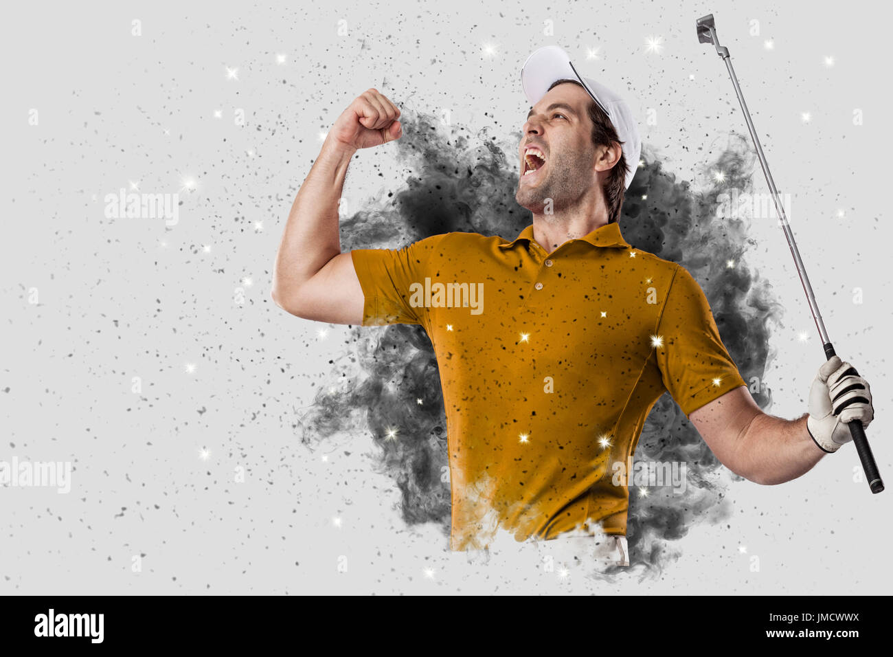 Golf Player with a orange uniform coming out of a blast of smoke Stock ...
