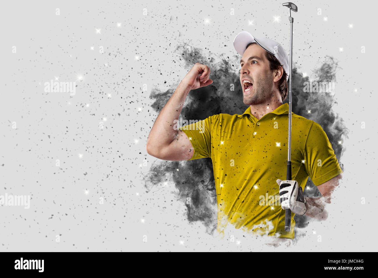 Golf Player with a yellow uniform coming out of a blast of smoke Stock ...