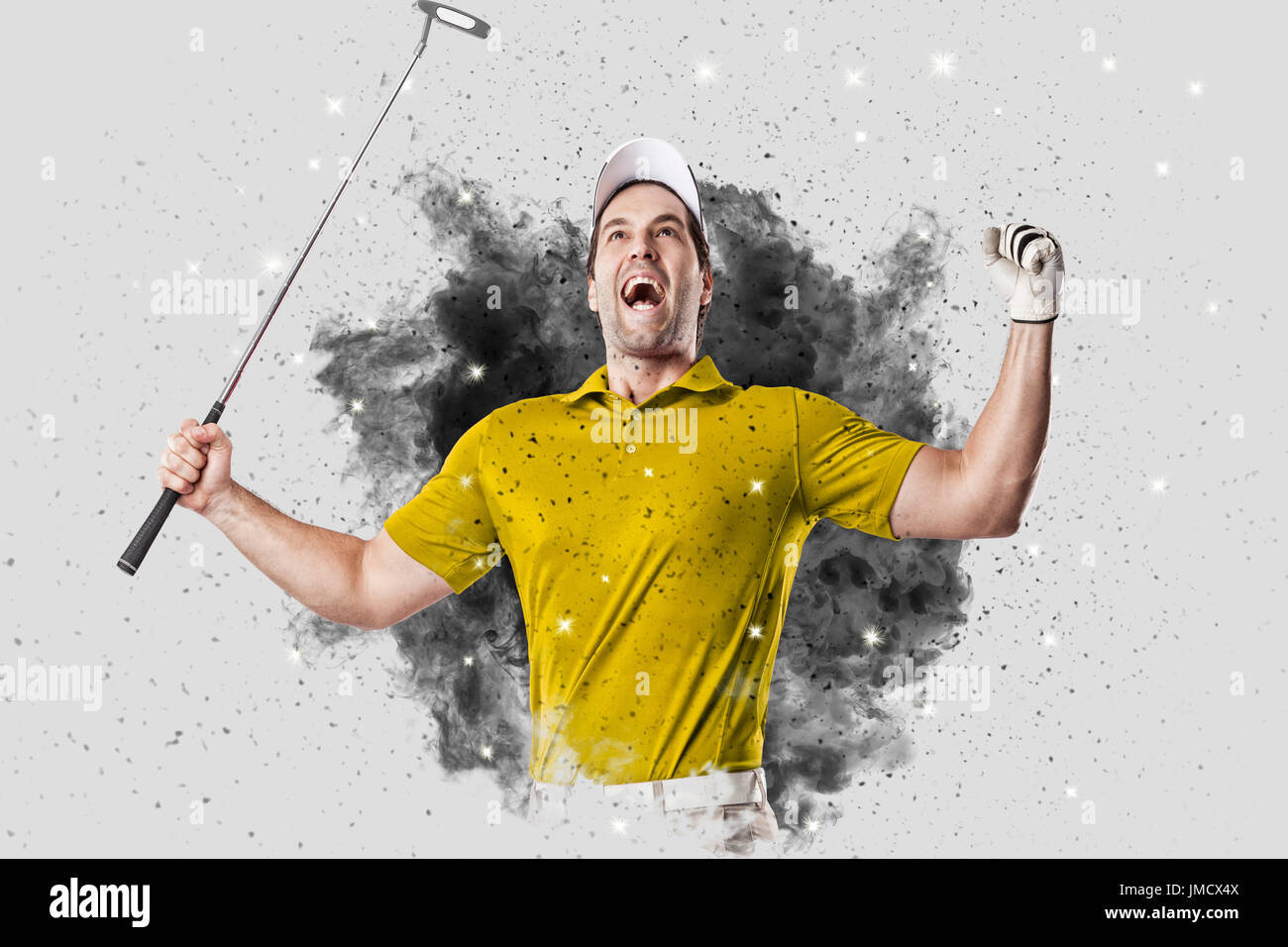 Golf Player with a yellow uniform coming out of a blast of smoke Stock ...