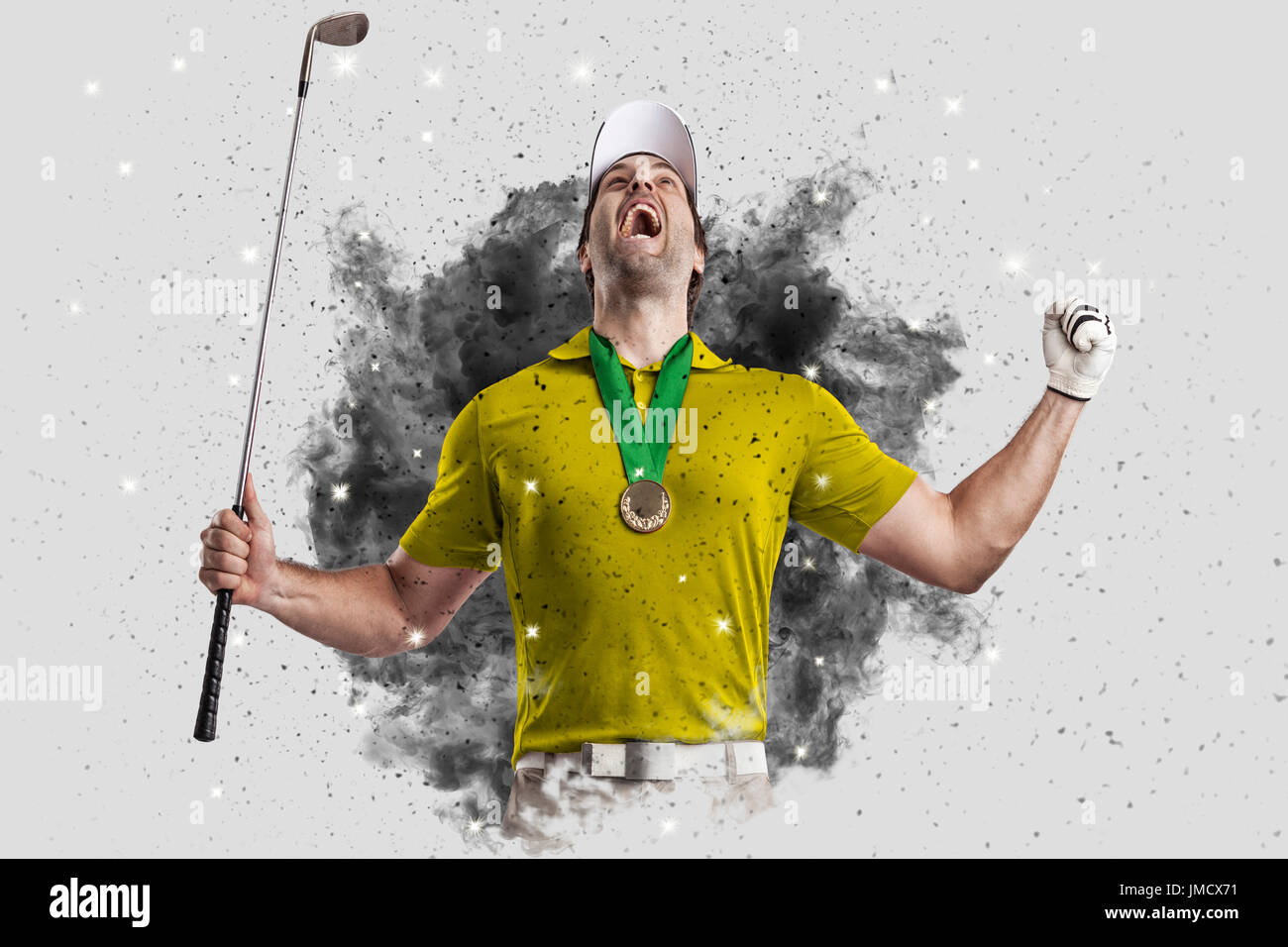 Golf Player with a yellow uniform coming out of a blast of smoke Stock ...