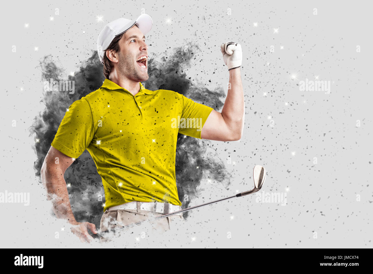 Golf Player with a yellow uniform coming out of a blast of smoke Stock ...