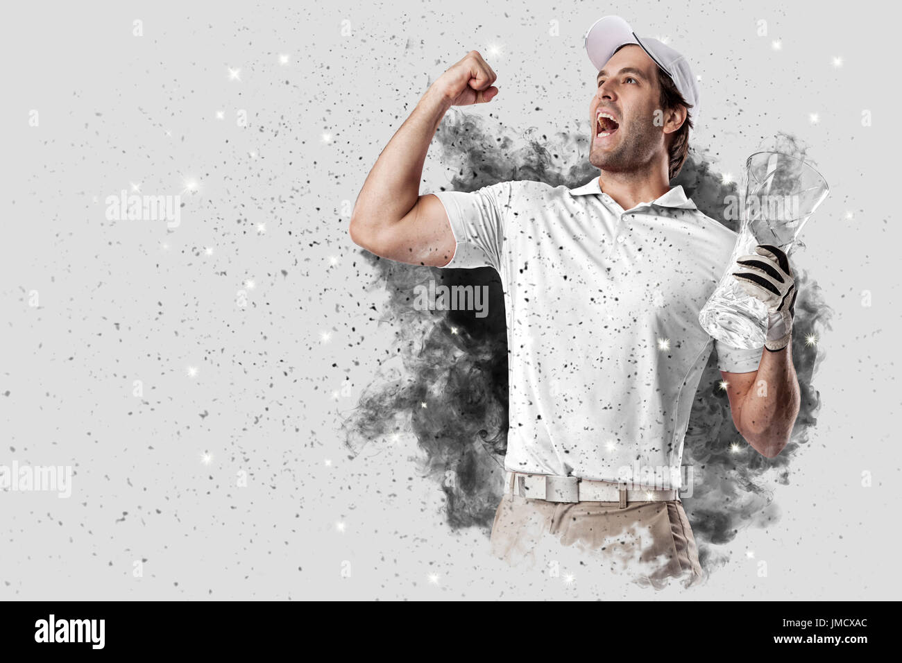 Golf Player with a white uniform coming out of a blast of smoke Stock ...