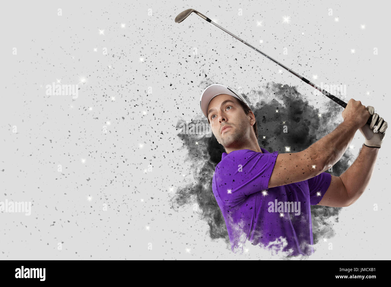 Golf Player with a purple uniform coming out of a blast of smoke Stock ...