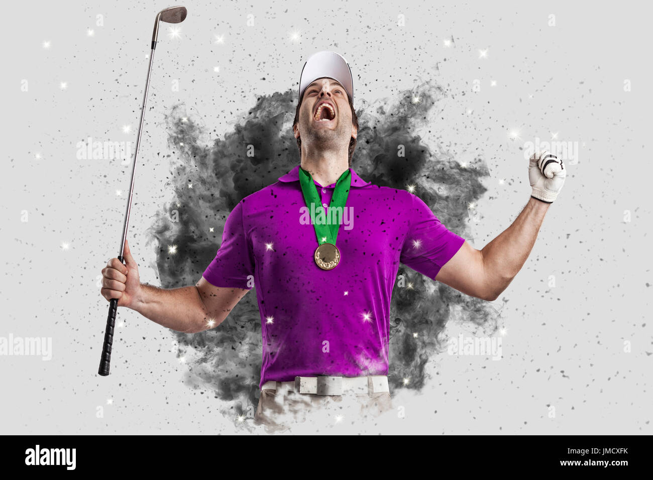 Golf Player with a pink uniform coming out of a blast of smoke Stock ...