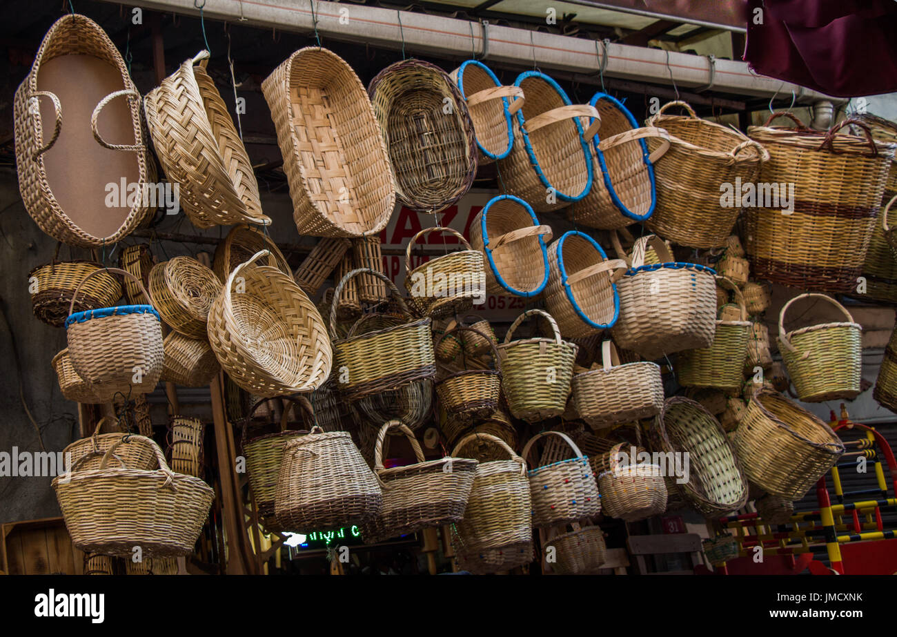 Empty wicker baskets are for sale in a market place Stock Photo - Alamy