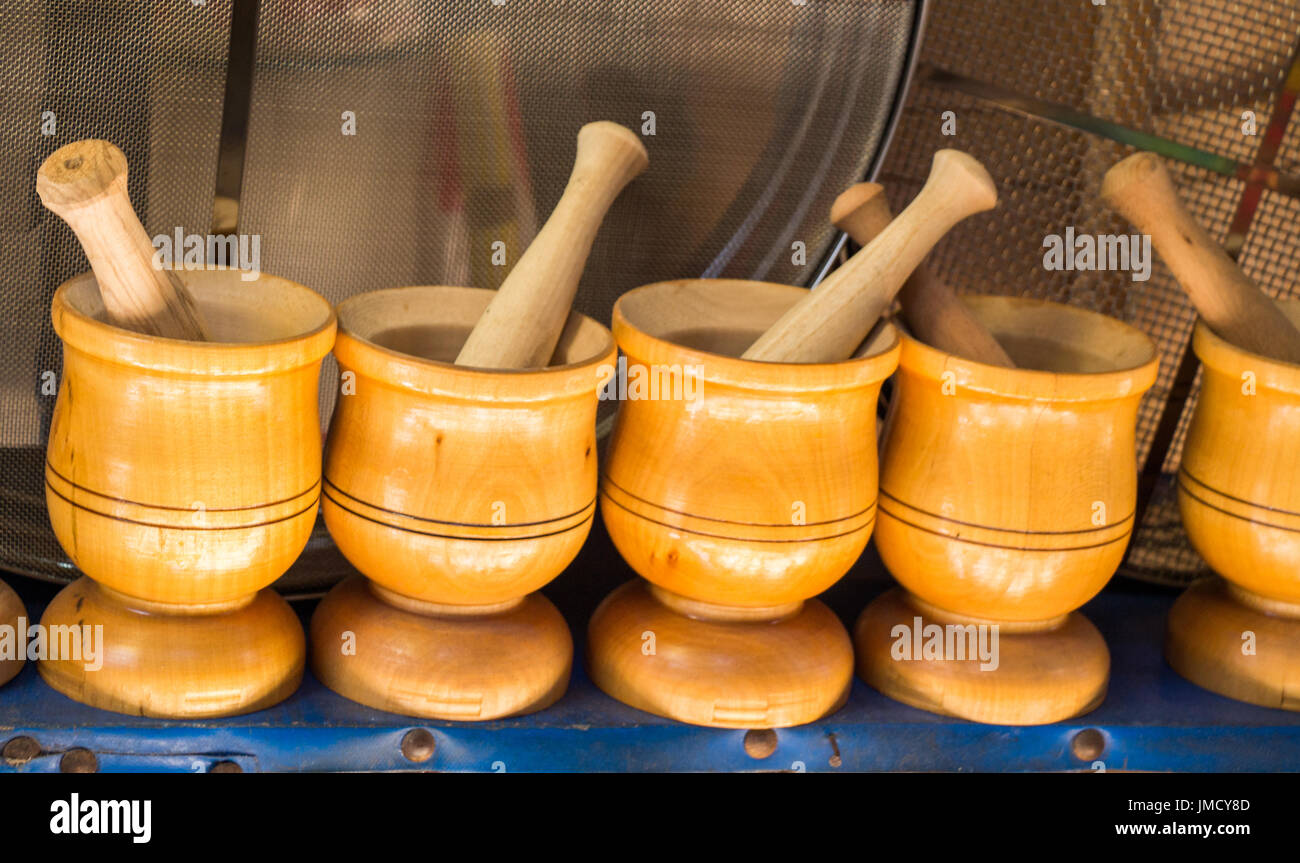 wooden mortars and pestles as a traditional kitchenware Stock Photo - Alamy