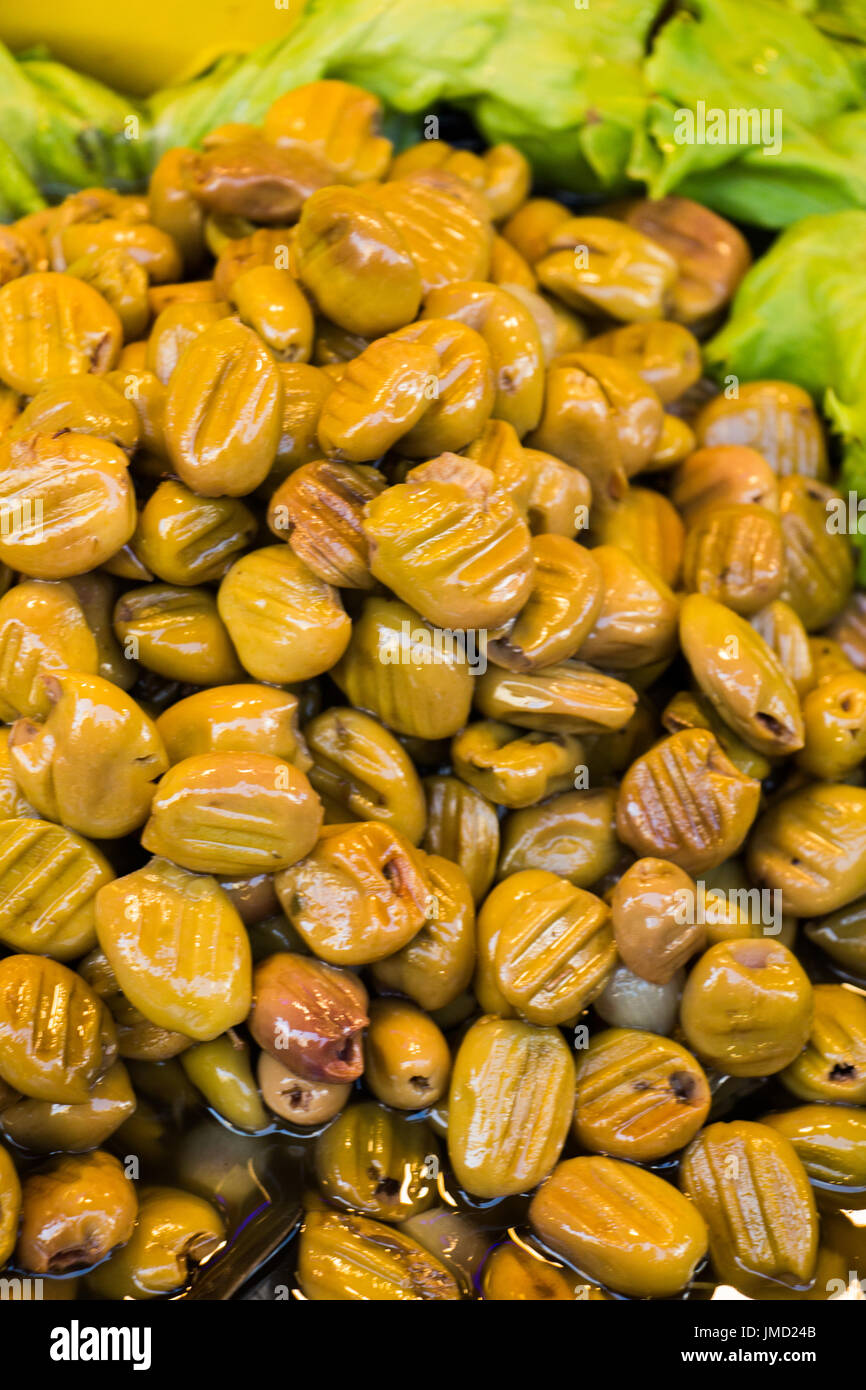 Turkish style prepared olives in the market stands Stock Photo - Alamy